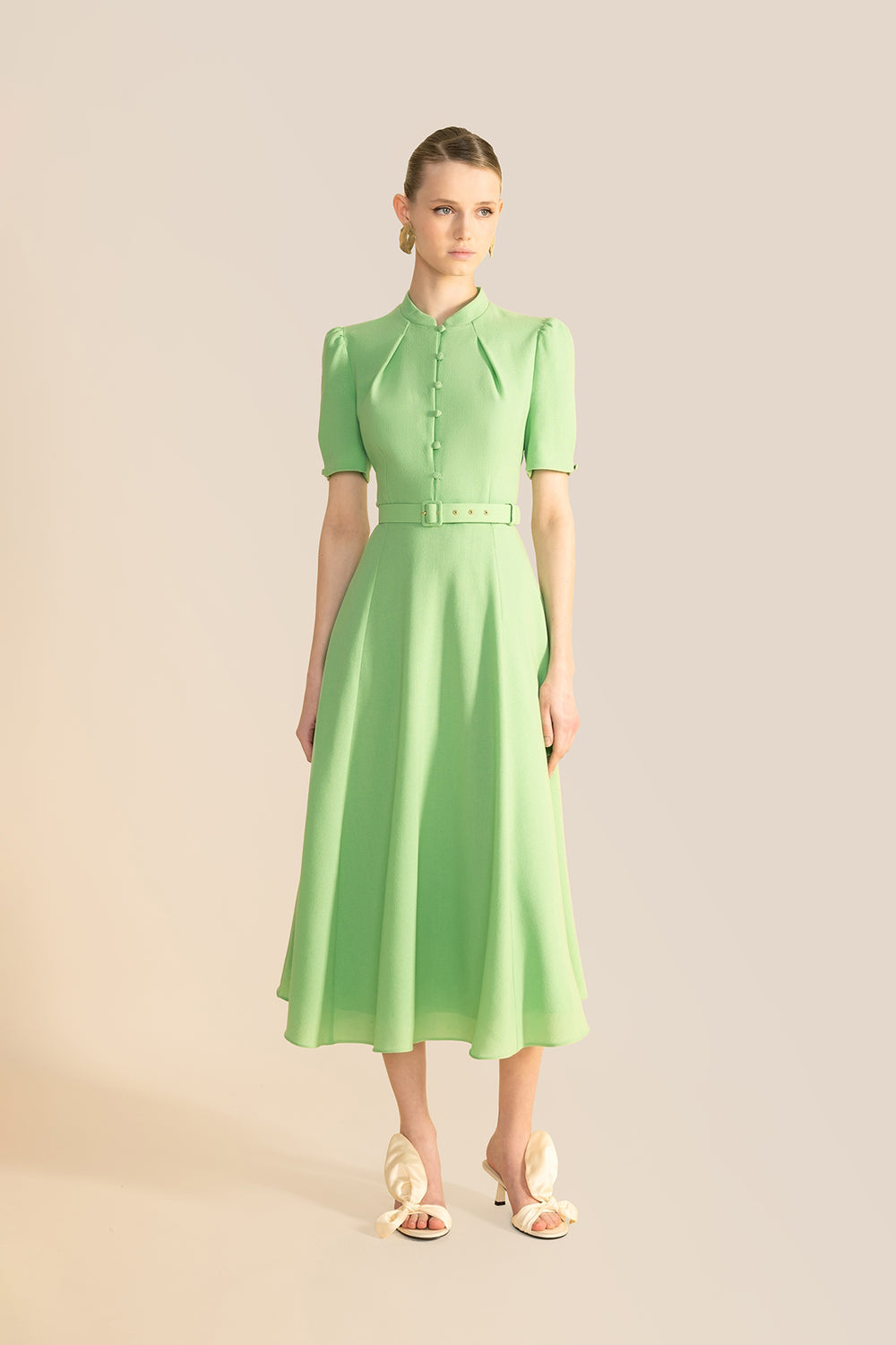 Elegant Apple Green Dress | Ahana Short Sleeve Wool Crepe