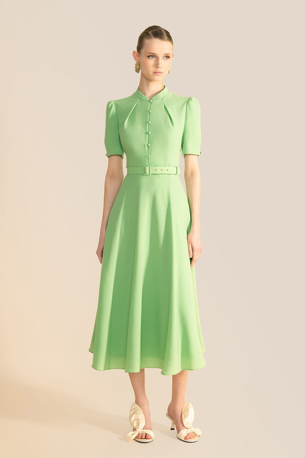 Elegant Apple Green Dress | Ahana Short Sleeve Wool Crepe