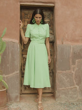 Elegant Apple Green Dress | Ahana Short Sleeve Wool Crepe